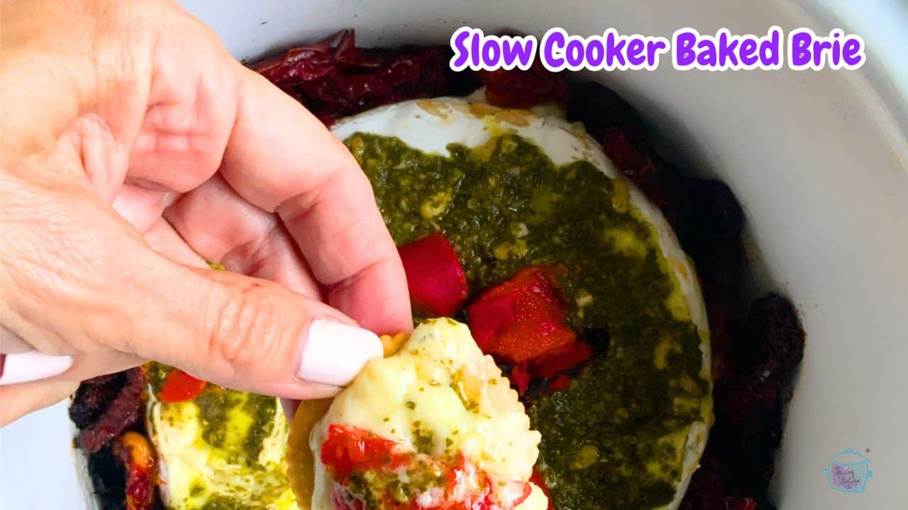 Slow Cooker Baked Brie with Pesto & Sun-Dried Tomato - The Lazy Slow Cooker