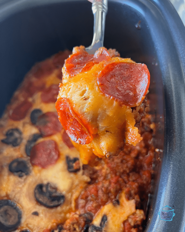 Slow Cooker Crustless Pizza Casserole - The Lazy Slow Cooker
