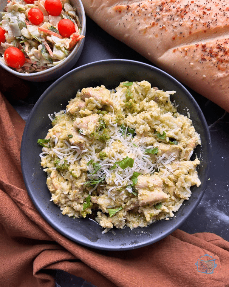 Slow Cooker Creamy Pesto Chicken and Rice - The Lazy Slow Cooker