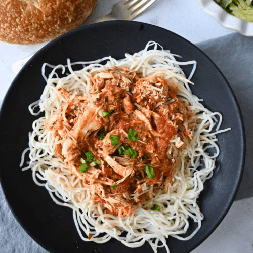 Slow Cooker Creamy Tomato Basil Shredded Chicken - The Lazy Slow Cooker