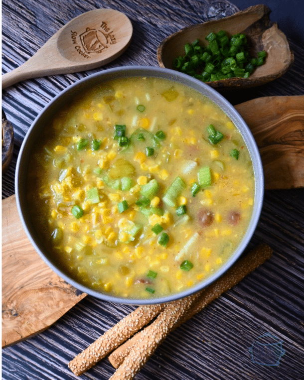 Slow Cooker Pepper And Corn Chowder (Vegan Recipe) - The Lazy Slow Cooker