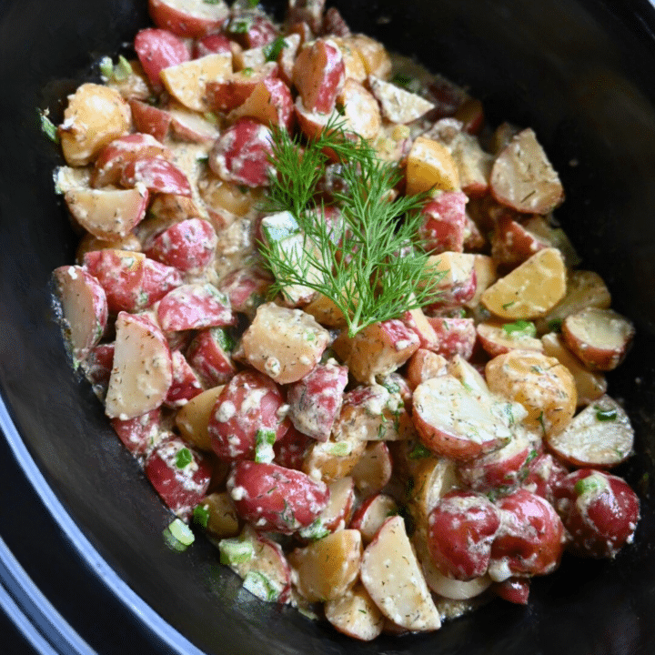 Slow Cooker Warm Potato Salad (No Boil, No Bacon!)